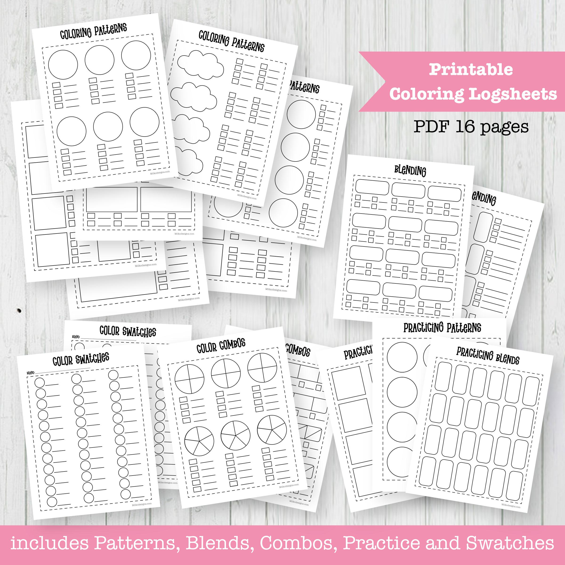 Coloring Logsheets - 16 Page Designs, PDF Instant Download - Etsy