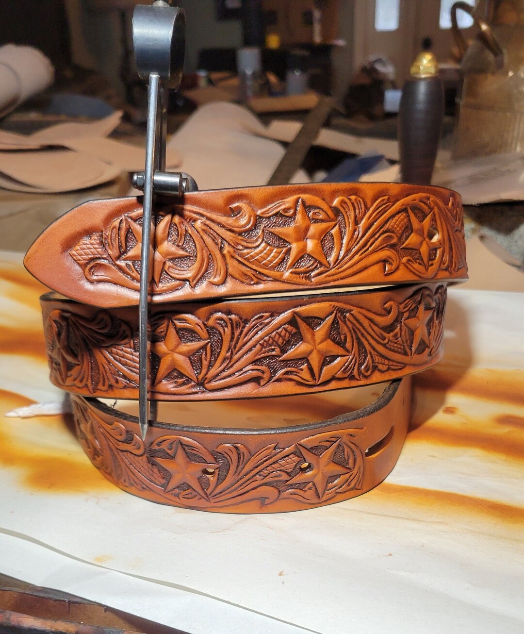 Hand Made, Hand Tooled, Western Leather Belt, 1.5" Wide. Stars and ...