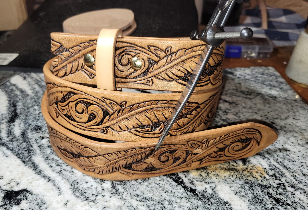 Hand Made, Hand Tooled, Western Leather Belt, 1.5" Wide. Feather and ...