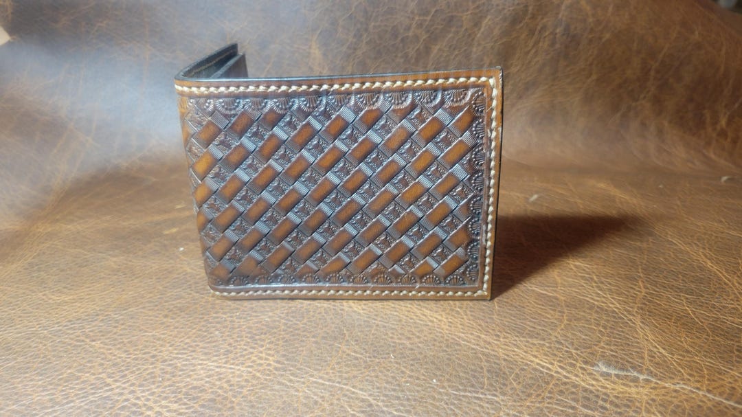 Handmade, Hand-tooled, Leather, Bifold Wallet, Cow Skull, Basketweave ...