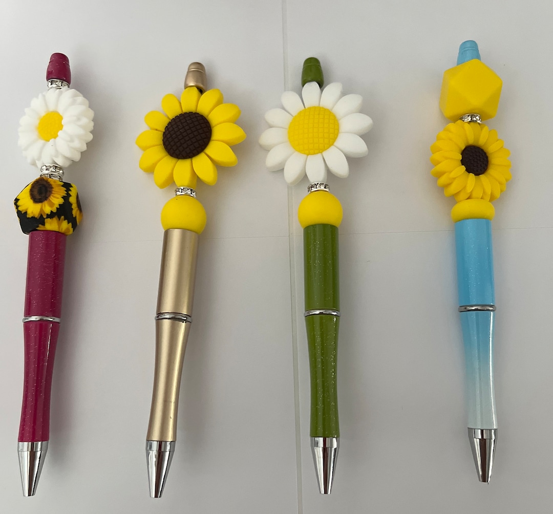 Set of 4 Decorated Pens. Daisy and Sunflower Pens. Black Ink. Gold ...