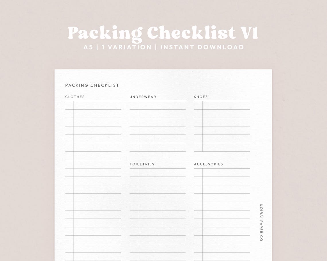Packing Checklist V1 A5 Printable and Digital PDF Files 1 Minimalist ...