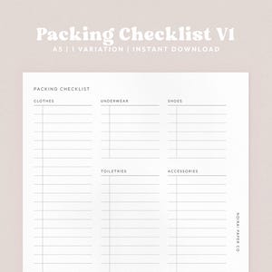 Packing Checklist V1 A5 Printable and Digital PDF Files 1 Minimalist ...