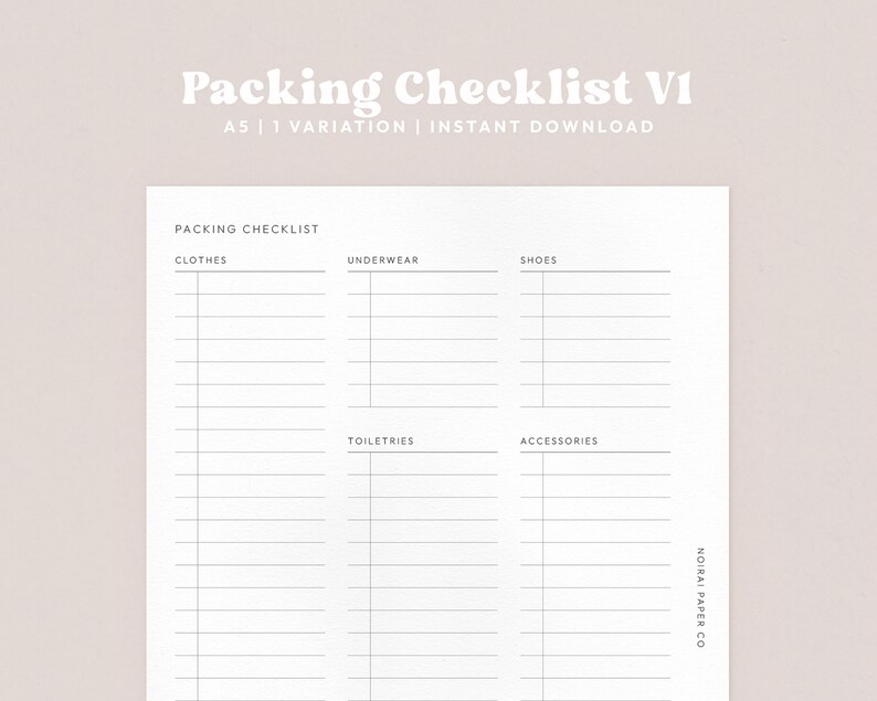 Packing Checklist V1 A5 Printable and Digital PDF Files 1 Minimalist ...