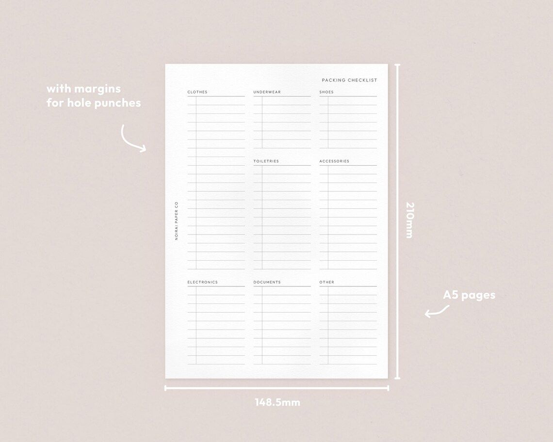 Packing Checklist V1 A5 Printable and Digital PDF Files 1 Minimalist ...