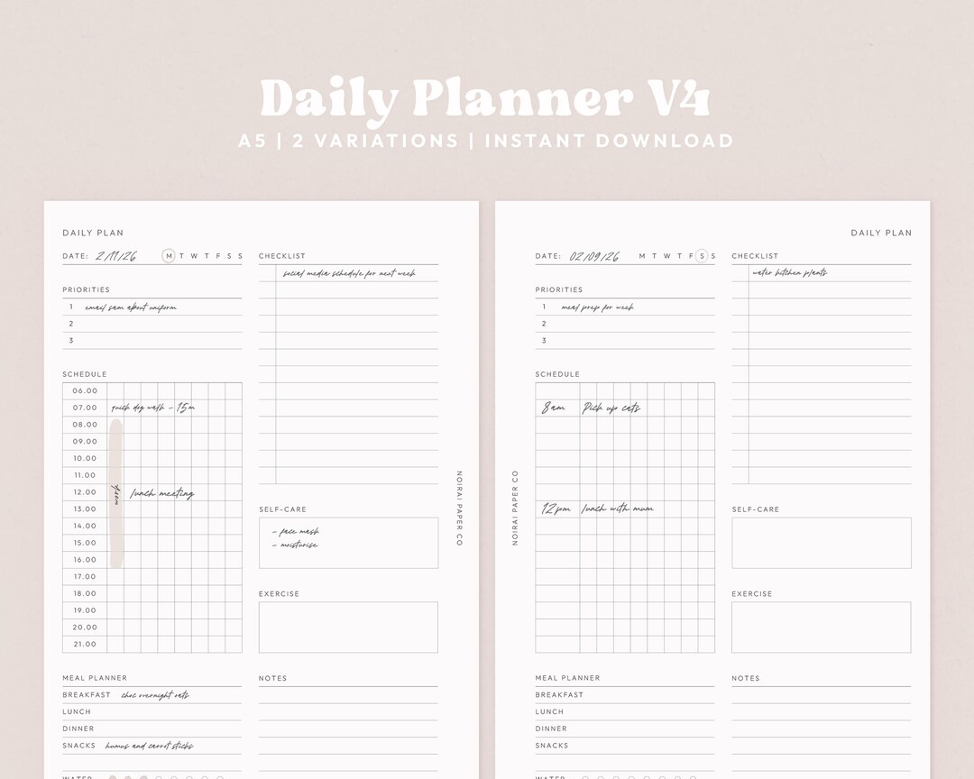 Daily Planner With Hourly Schedule Grid V4 A5 Printable PDF and Digital ...