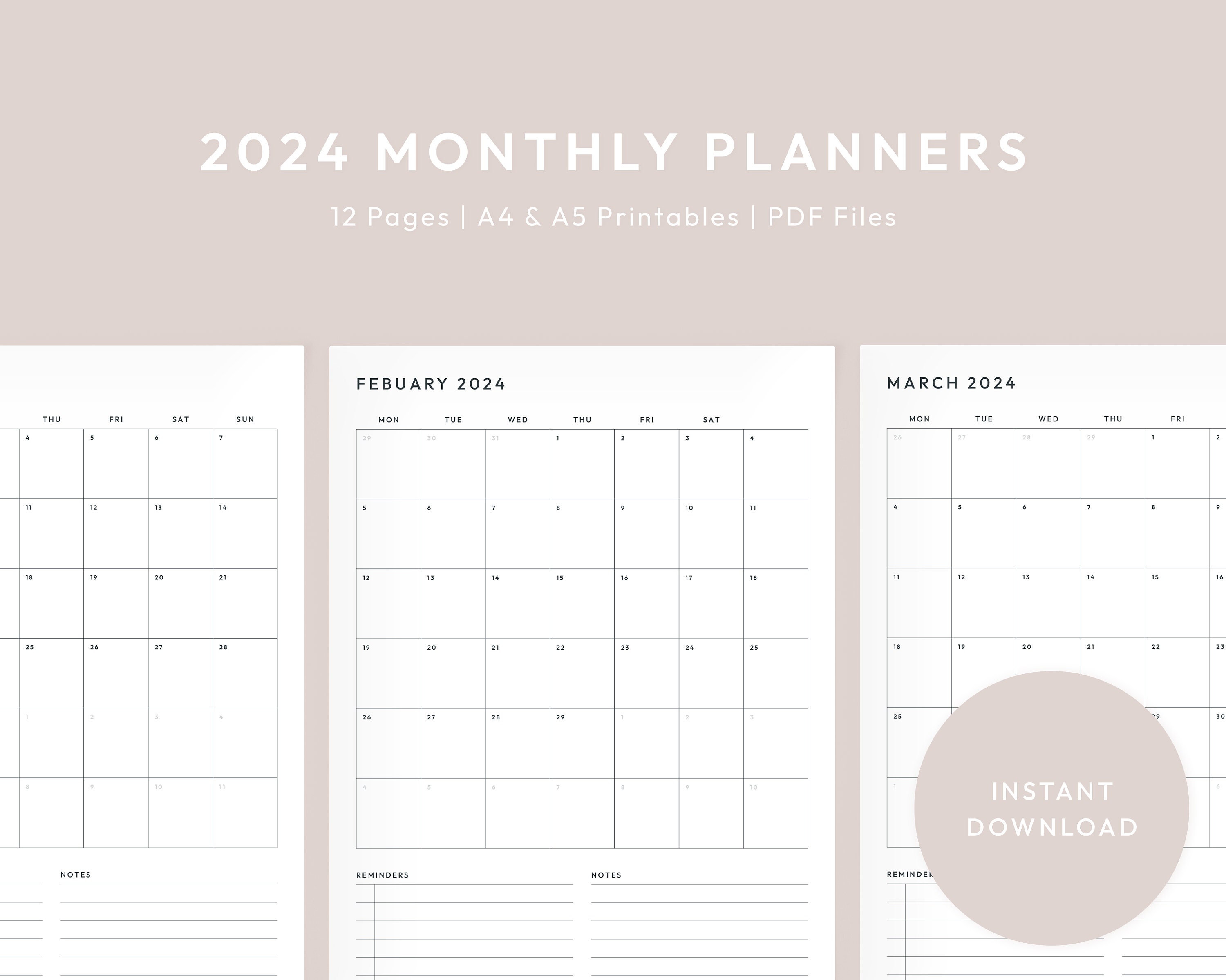 2024 Monthly Planner Printable Template V1 A4 & A5 PDF Files Minimalist ...