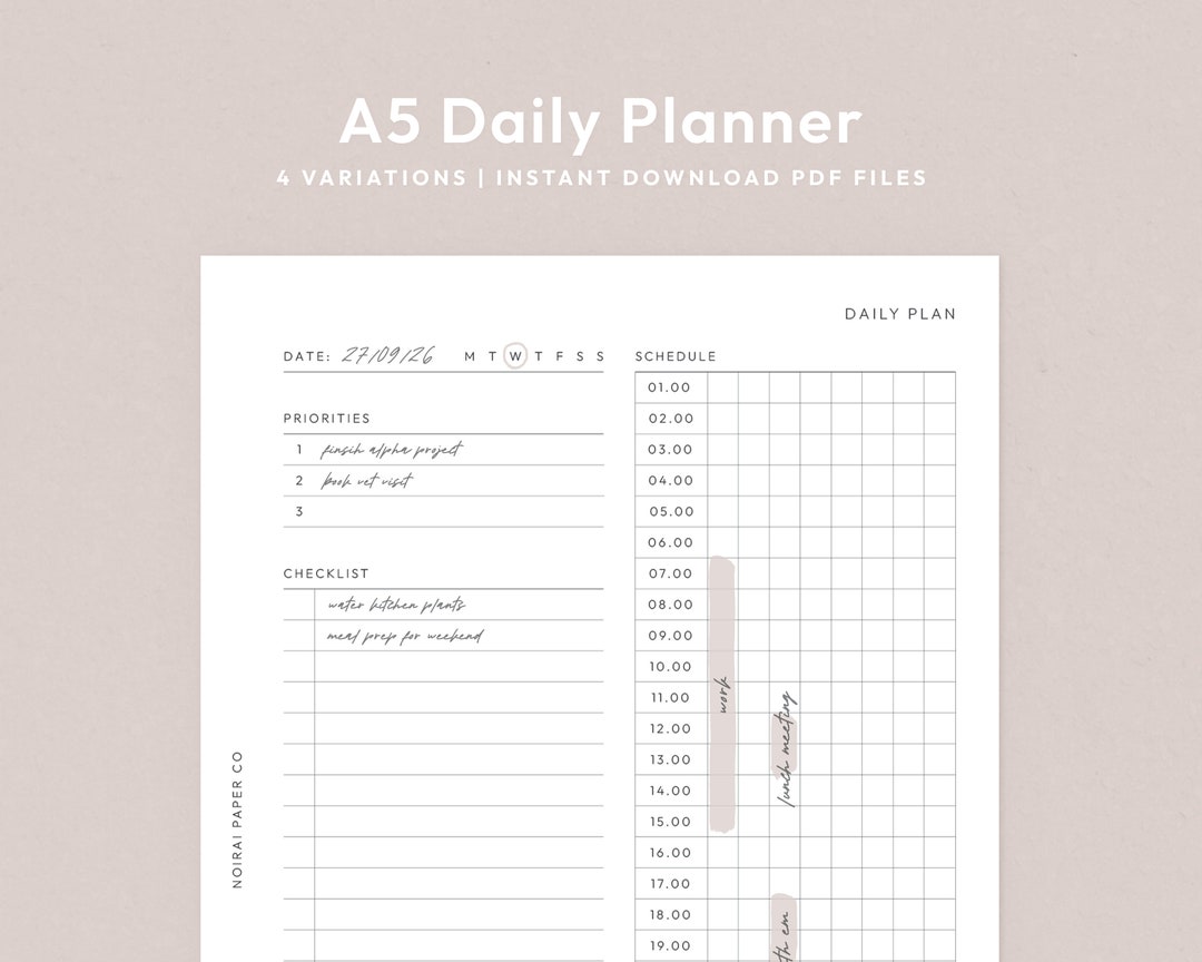 Daily Planner Schedule Grid Printable and Digital A4 & A5 PDF Files 4 ...