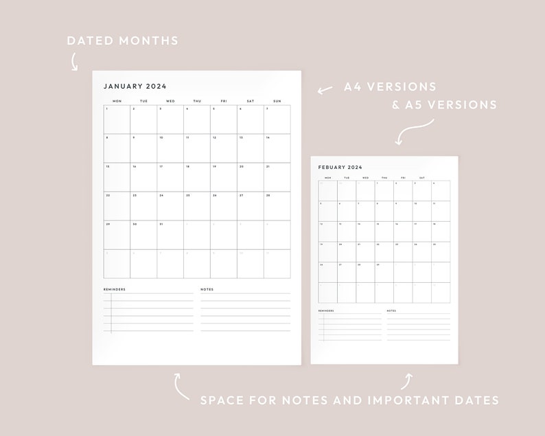 2024 Monthly Planner Printable Template V1 A4 & A5 PDF Files Minimalist ...