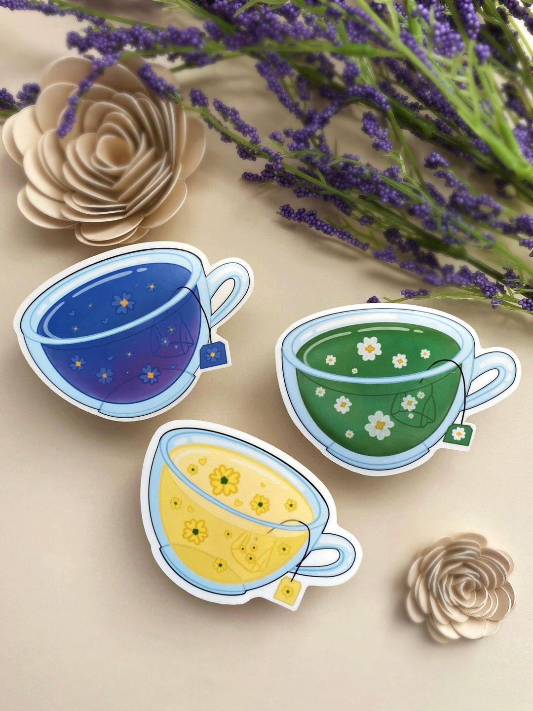 Flower Tea Cup Stickers | Chrysanthemum Tea | Butterfly Pea Tea | Green ...