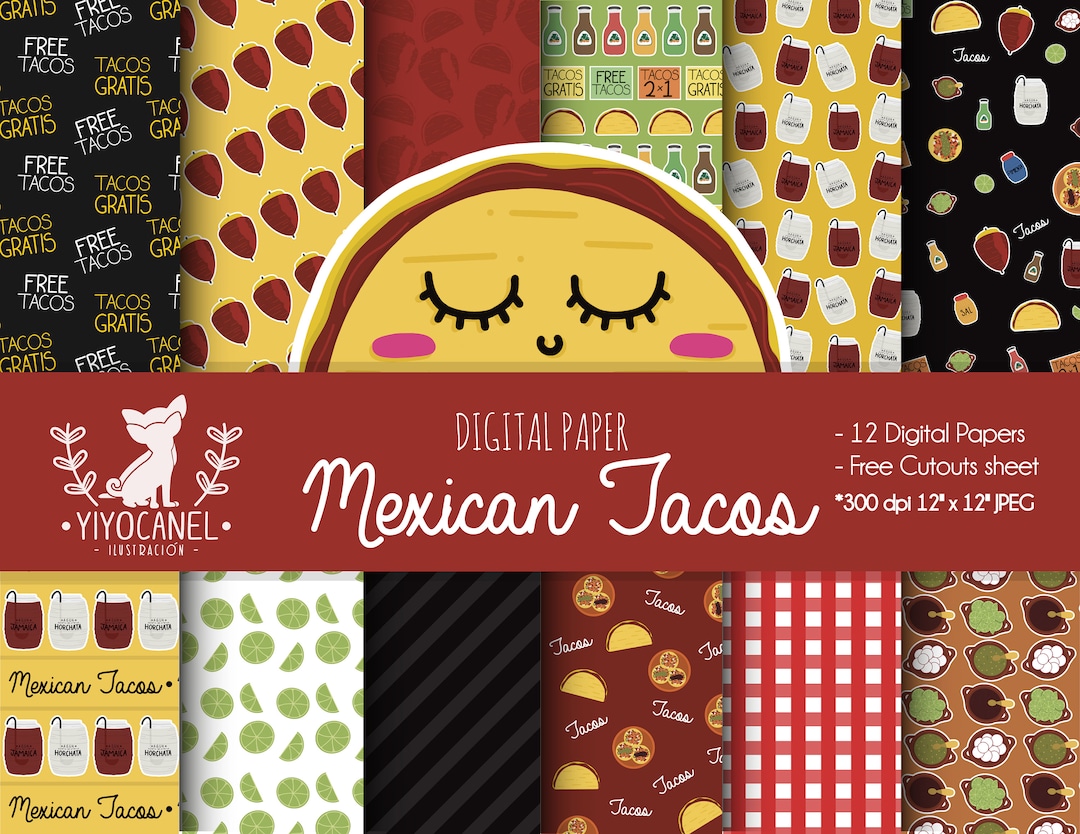 Tacos Digital Paper + FREE Tacos Cut Out Sheet, Mexican Tacos ...
