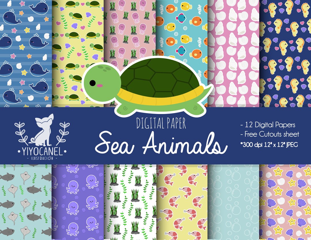 Sea Animals Digital Paper, FREE Sea Animals Cutouts Sheet, Instant ...