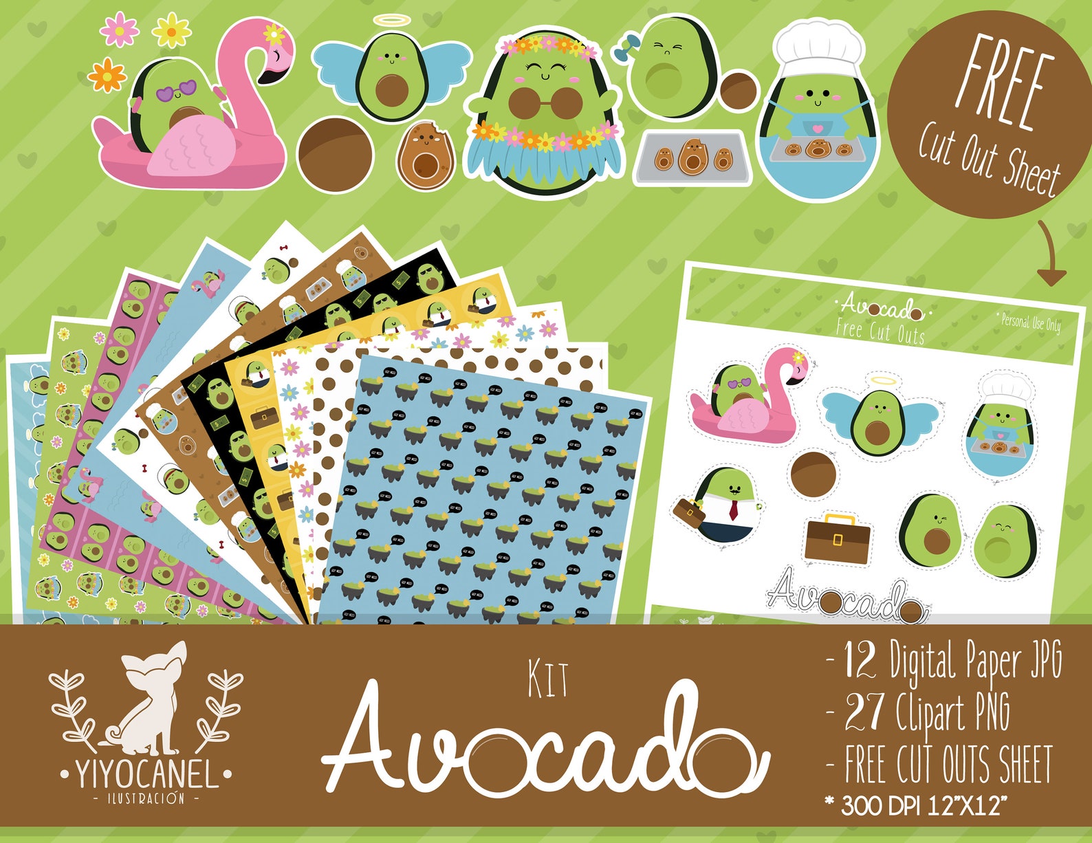 Avocado Digital Paper, Avocado Clipart, FREE Avocado Cut Out Sheet ...