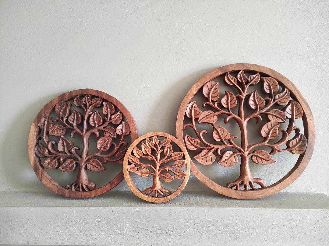 Beautiful Hand Carved Wooden Wall Hanging TREE OF LIFE 20&25cm. Suar ...