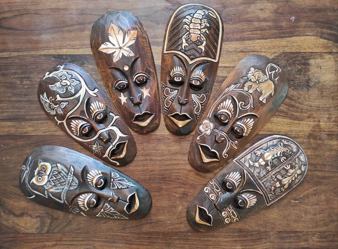 Wooden Hand-carved and Painted Tribal Masks. Tribal Wall Hanging ...