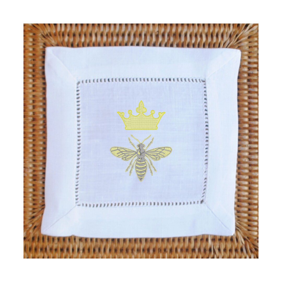 Set of 4 Queen Bee Linen Cocktail Napkins Embroidered Hemstitched ...