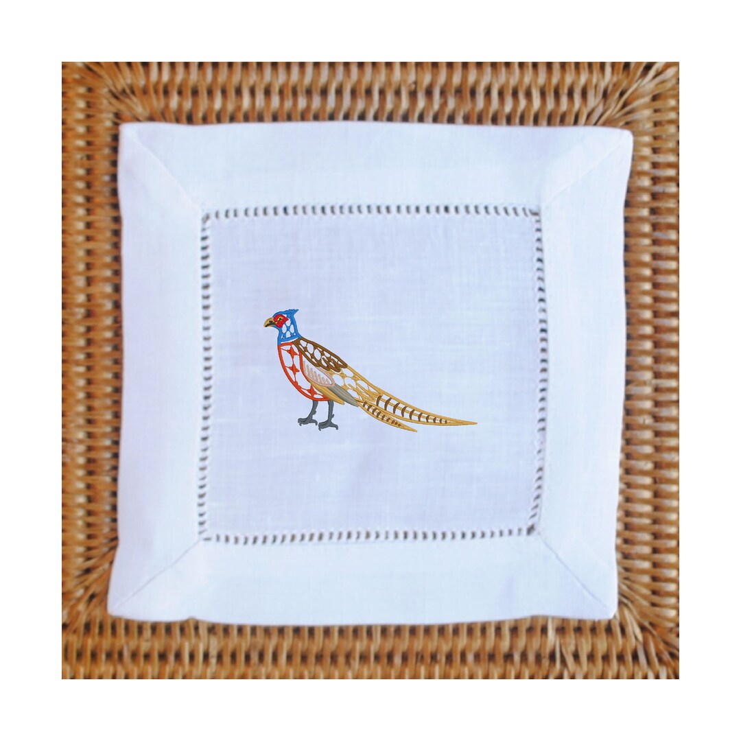 Set of 4 Chic Pheasant Linen Cocktail Napkins | Embroidered Hemstitched ...