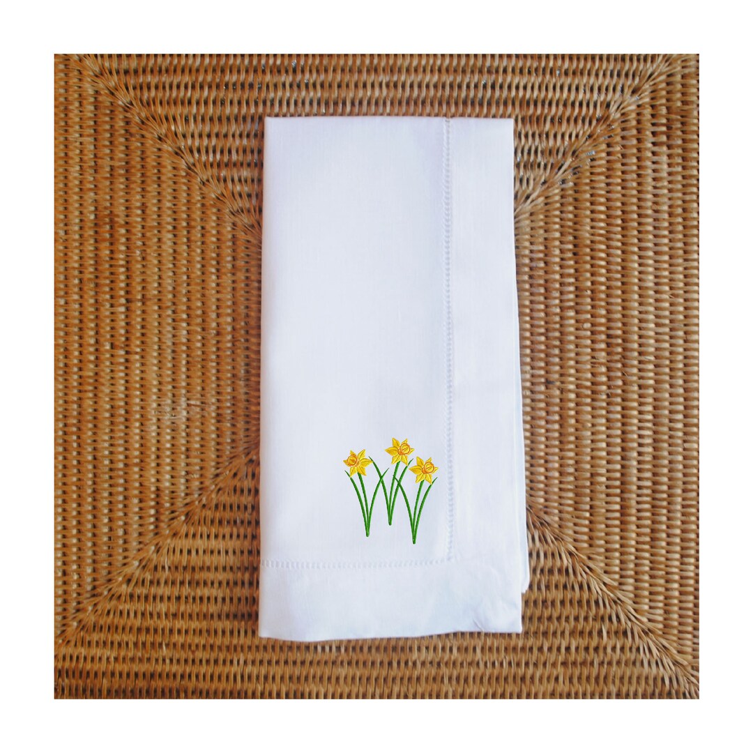 Set of 4 Daffodil Days Dinner Napkin Set | Hand Embroidered Hemstitched ...