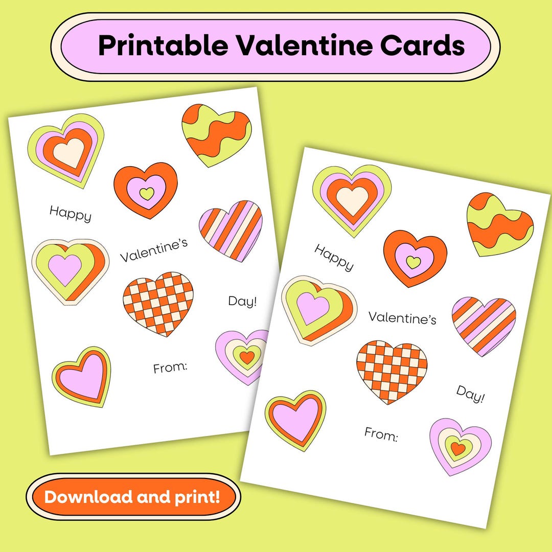 Printable Colorful Heart Valentines: Girly Classroom Cards (PDF) - Etsy