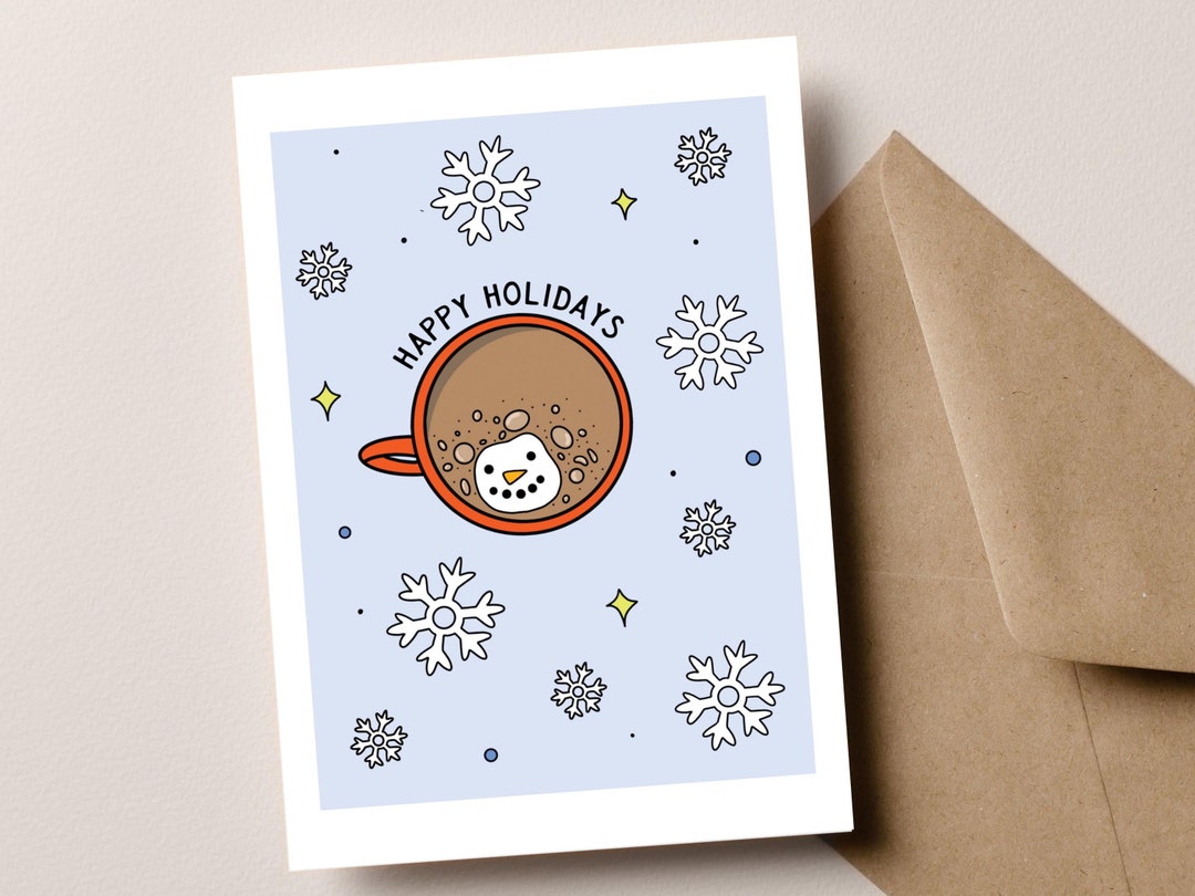 Cute Holiday Card, Happy Holidays Card, Snowman Mug, Hot Cocoa Mug, Hot ...