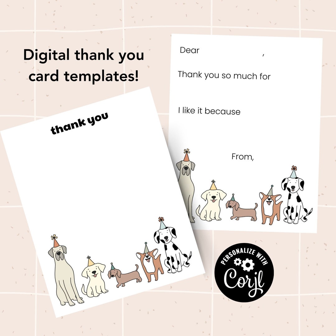 Dog Birthday Thank You Card, Dog Theme Birthday, Doggy Birthday Party ...