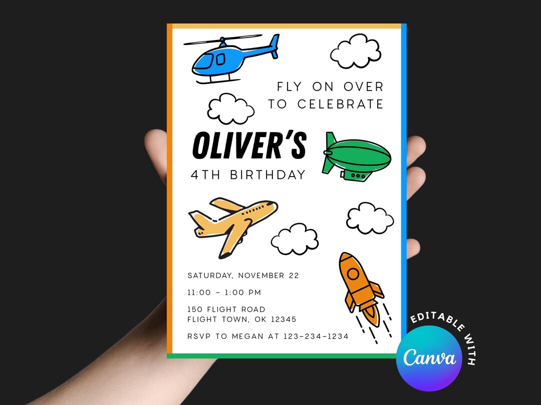 Fly on Over Birthday Invite, Airplane Rocket Helicopter Birthday, Canva ...