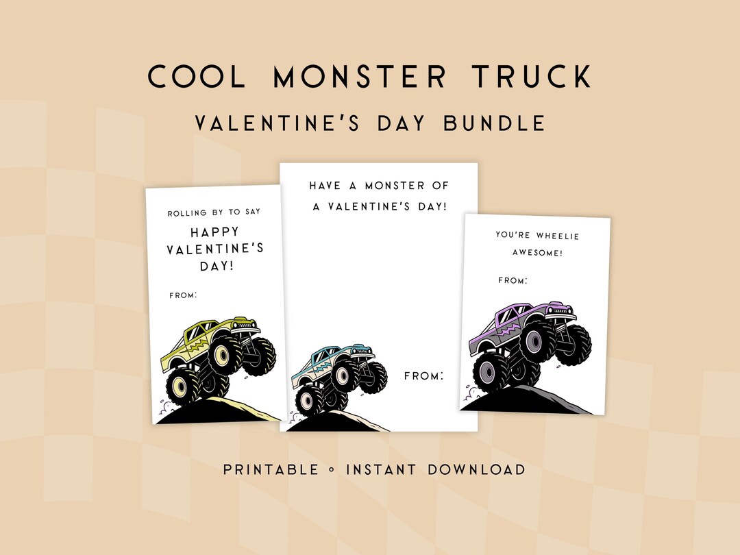 Cool Monster Truck Valentine Bundle | Printable Classroom Valentines ...