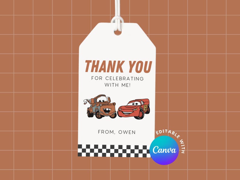 Editable Cars Birthday Thank You Tags: Party Favor Gift Tags (digital ...