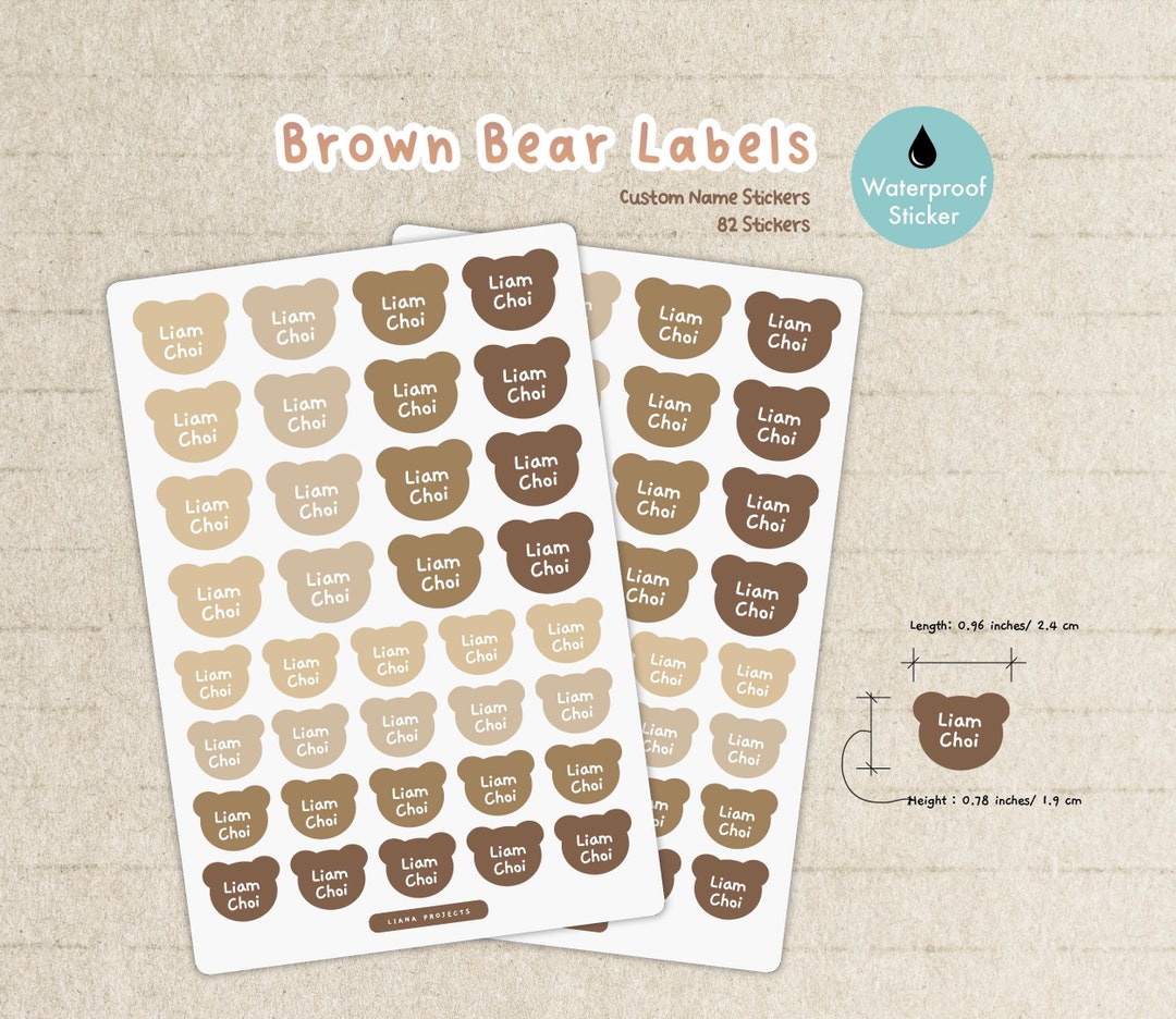 Brown Bear Name Sticker Labels | Custom Name Sticker | Daycare | School ...