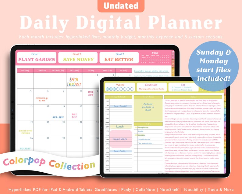 Undated Daily Digital Planner, Monthly Weekly Daily Agenda, Colorful ...