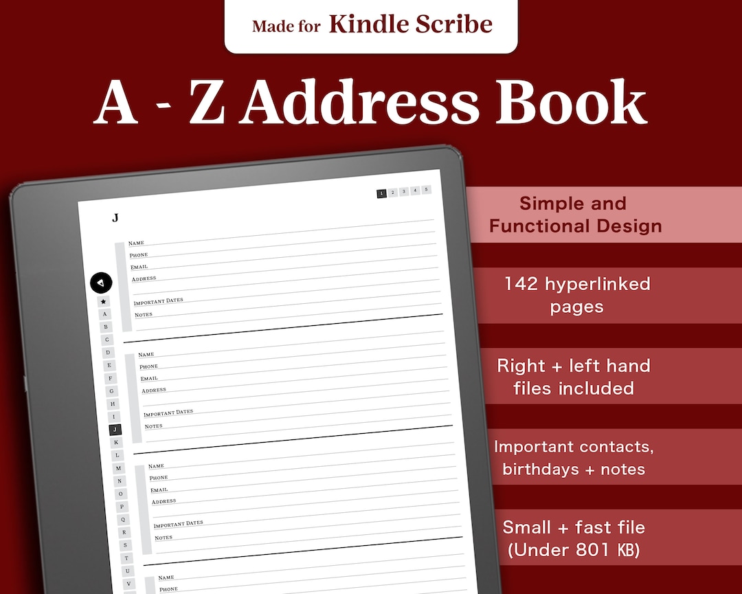 Digital Contact Book for Kindle Scribe, A-Z Digital Address Book, E Ink ...