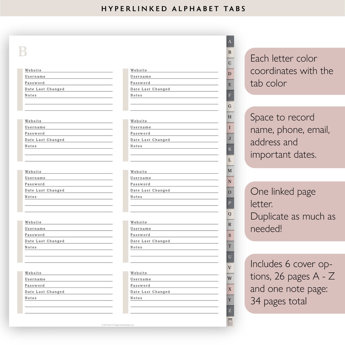 Simple Digital Password Tracker, Alphabet Password Journal, Goodnotes A ...