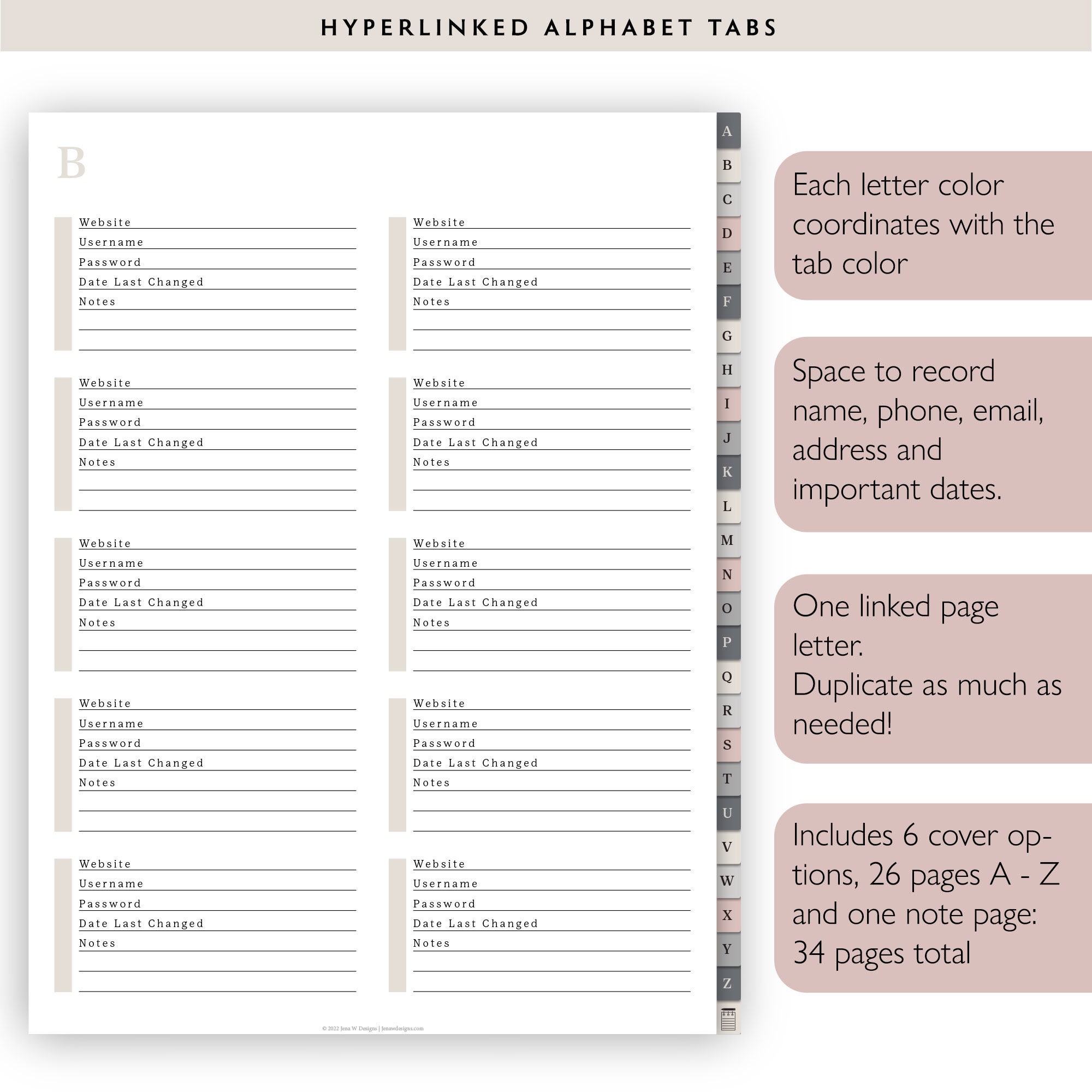 Simple Digital Password Tracker, Alphabet Password Journal, Goodnotes A ...