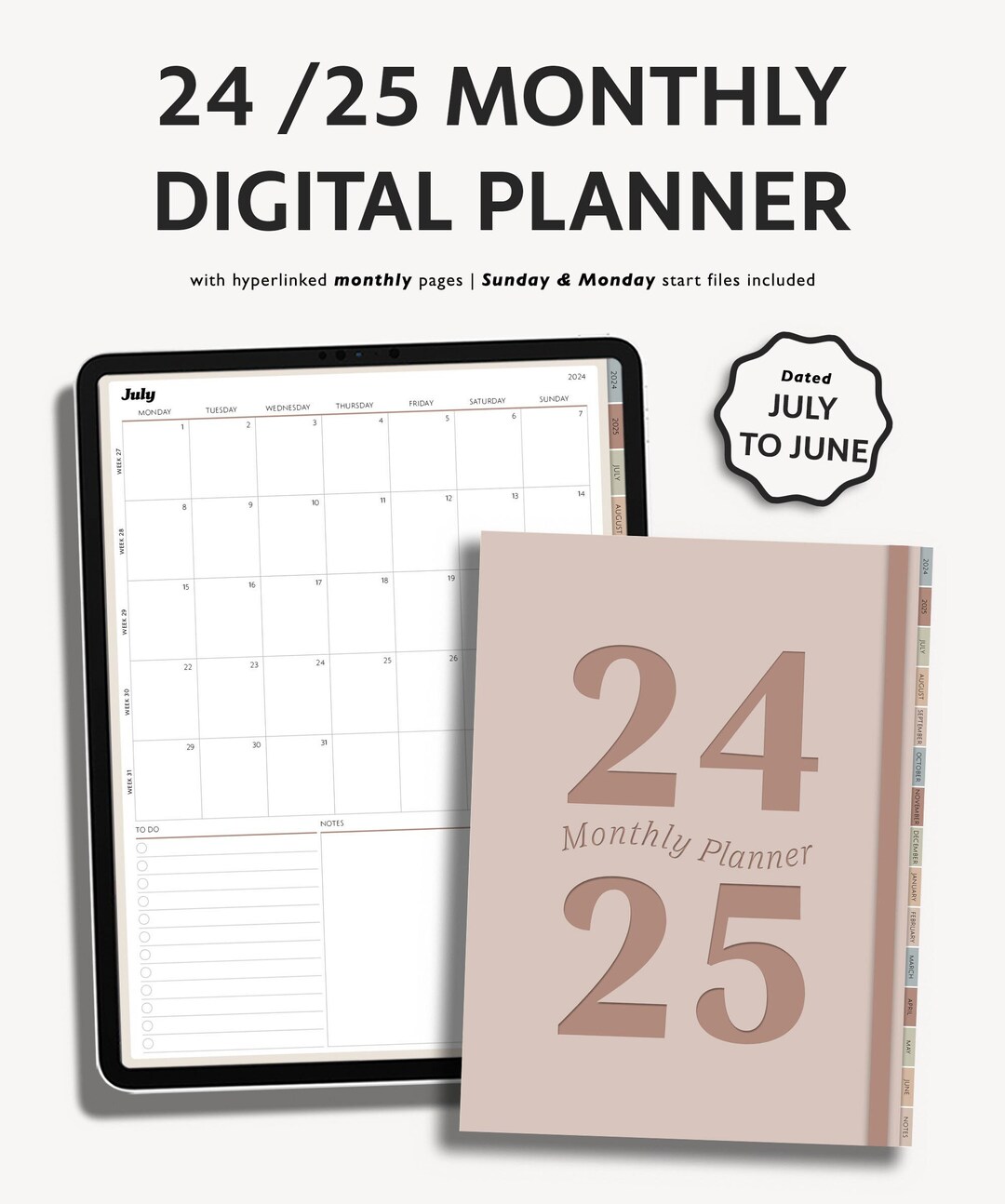 24 25 Mid Year Monthly Digital Planner, Academic Year Agenda, Simple ...