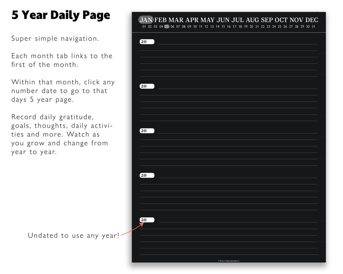 5 Year Digital Journal, Dark Mode Journal With Black Paper, Hyperlinked ...