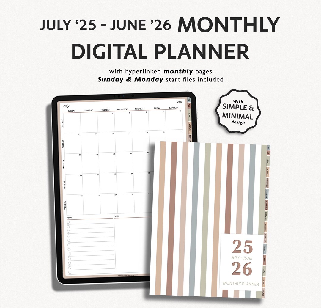 2025-2026 Mid-year Monthly Digital Planner: Minimalist iPad Agenda ...