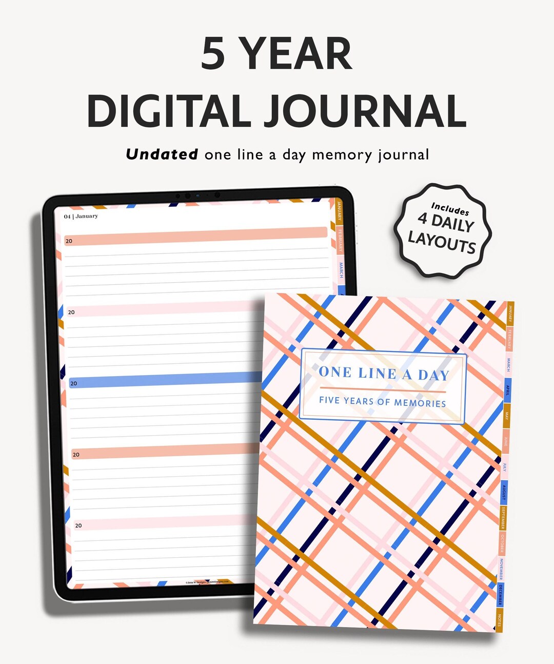 Digital 5 Year Journal, One Line A Day Diary, 365 Undated Daily Journal ...