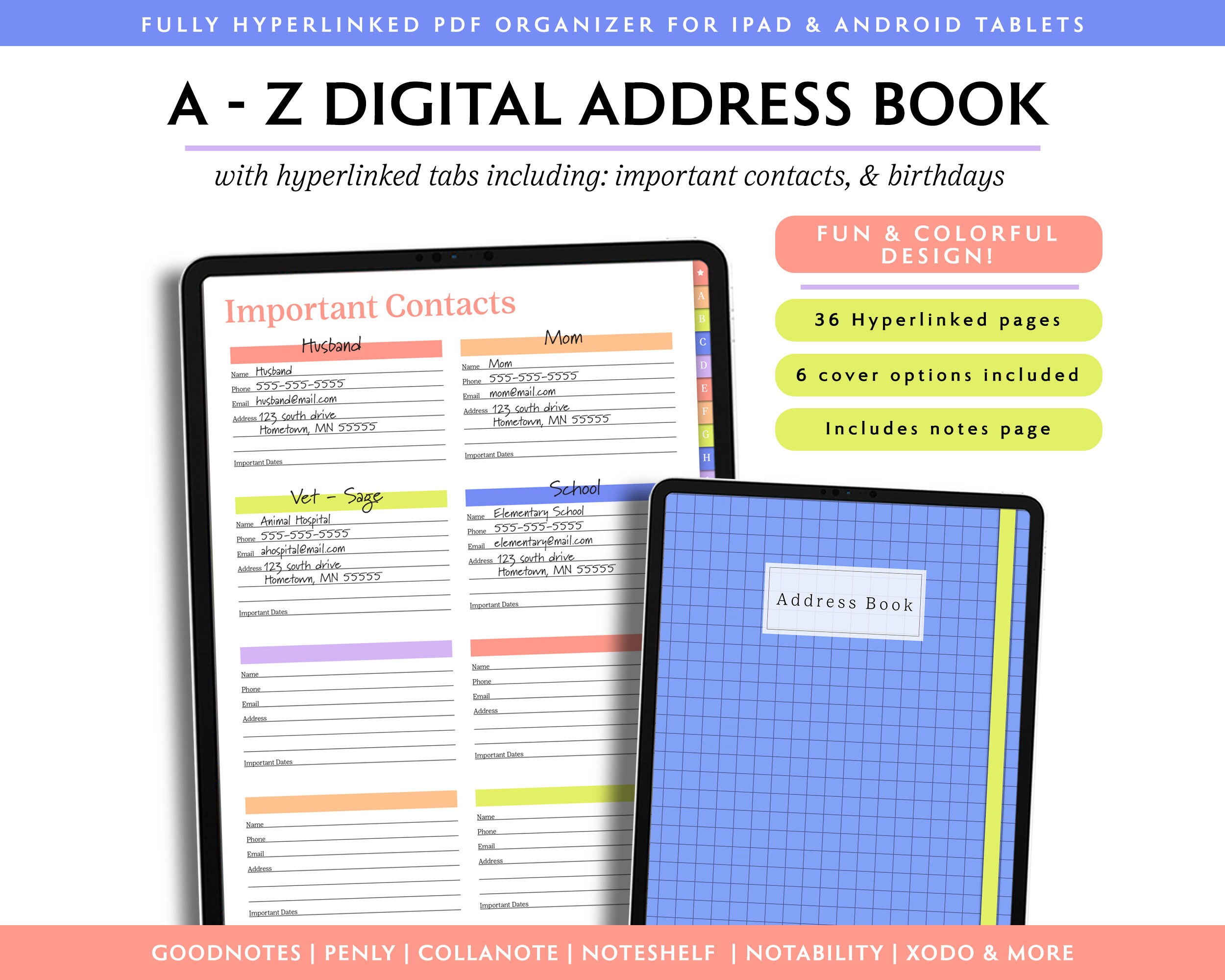 Digital Address Book for Ipad, Goodnotes Contact Book, Birthday Tracker ...