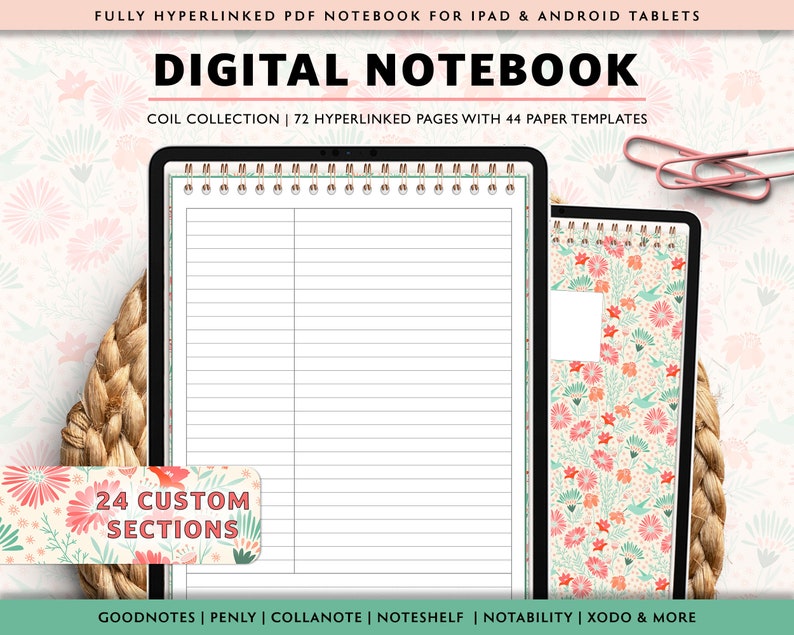 Premium Digital Notebook, Spring Floral Digital Notepad With Rings ...
