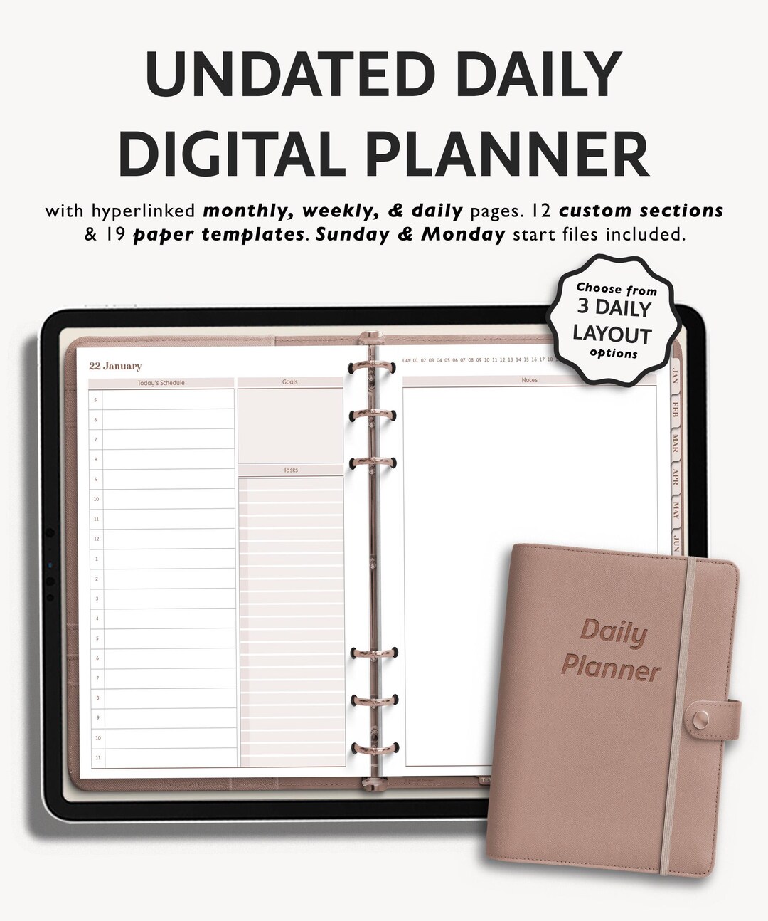 Undated Digital Planner, Realistic Ring Binder Hyperlinked Digital ...