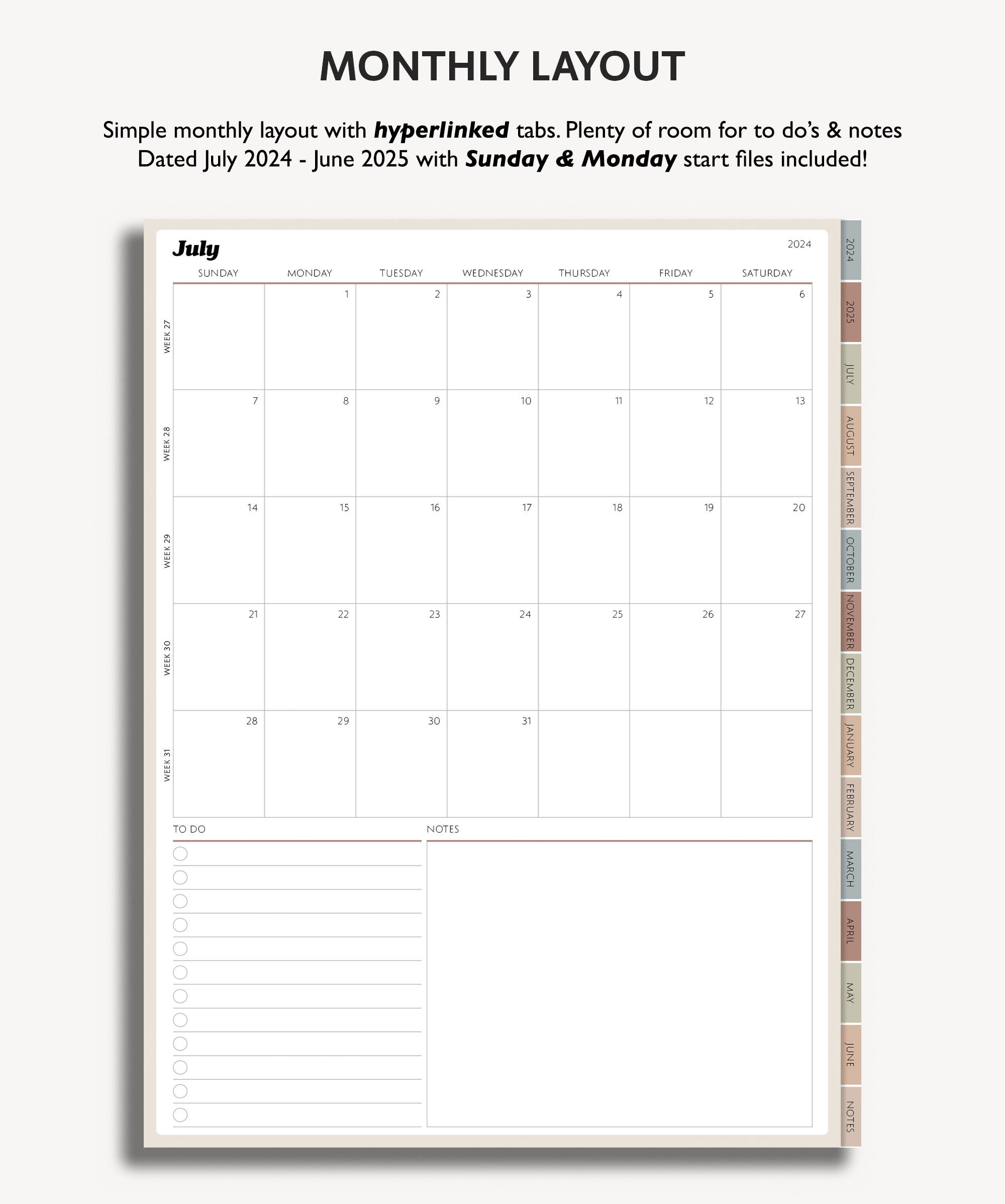 24 25 Mid Year Monthly Digital Planner, Academic Year Agenda, Simple ...