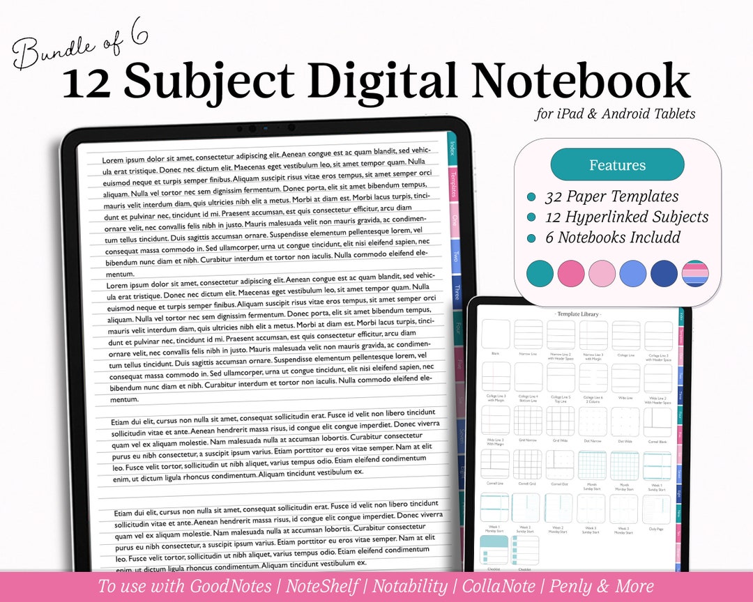 12 Subject Digital Notebook With Tabs, Digital Notebook Bundle ...