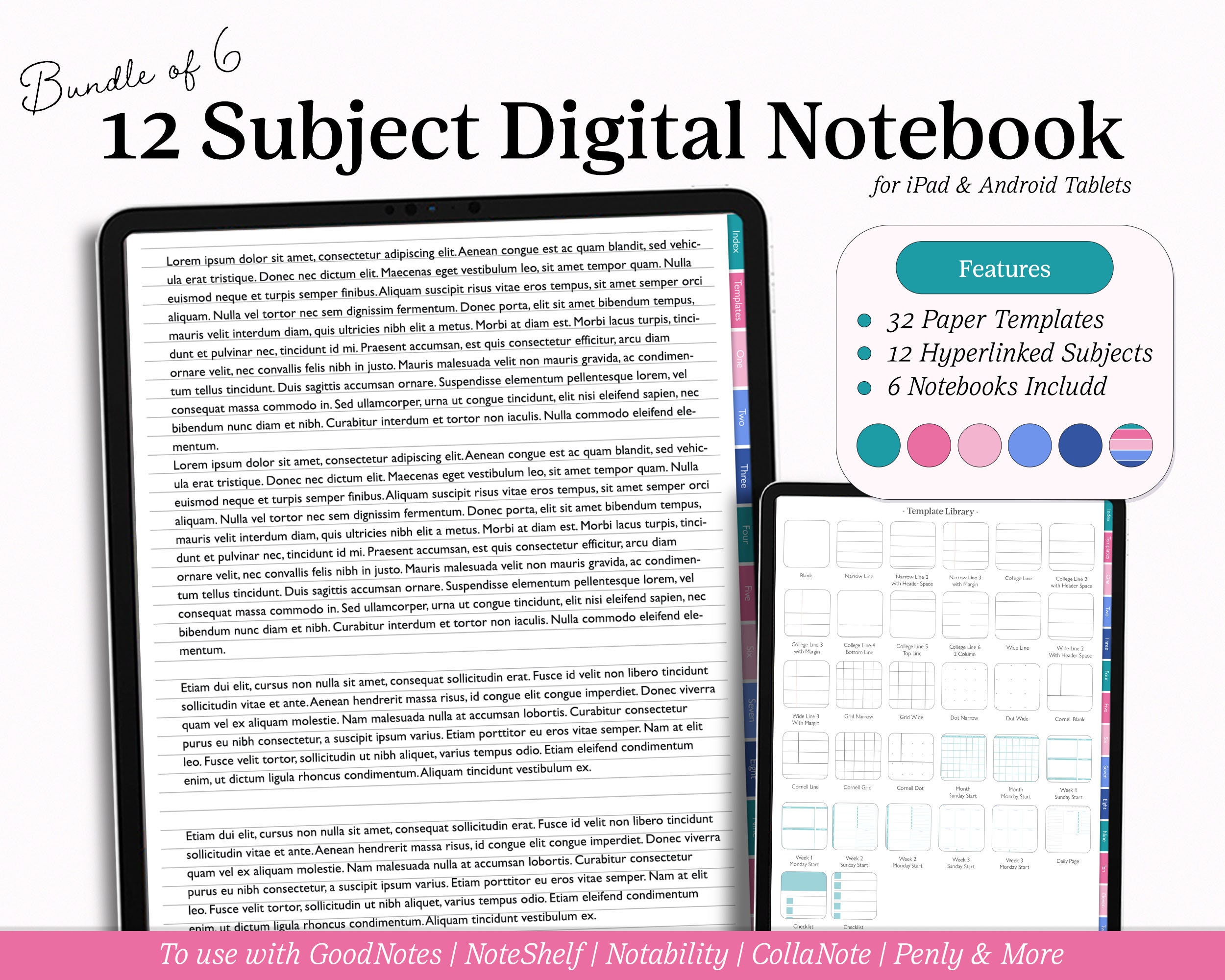 12 Subject Digital Notebook With Tabs, Digital Notebook Bundle ...