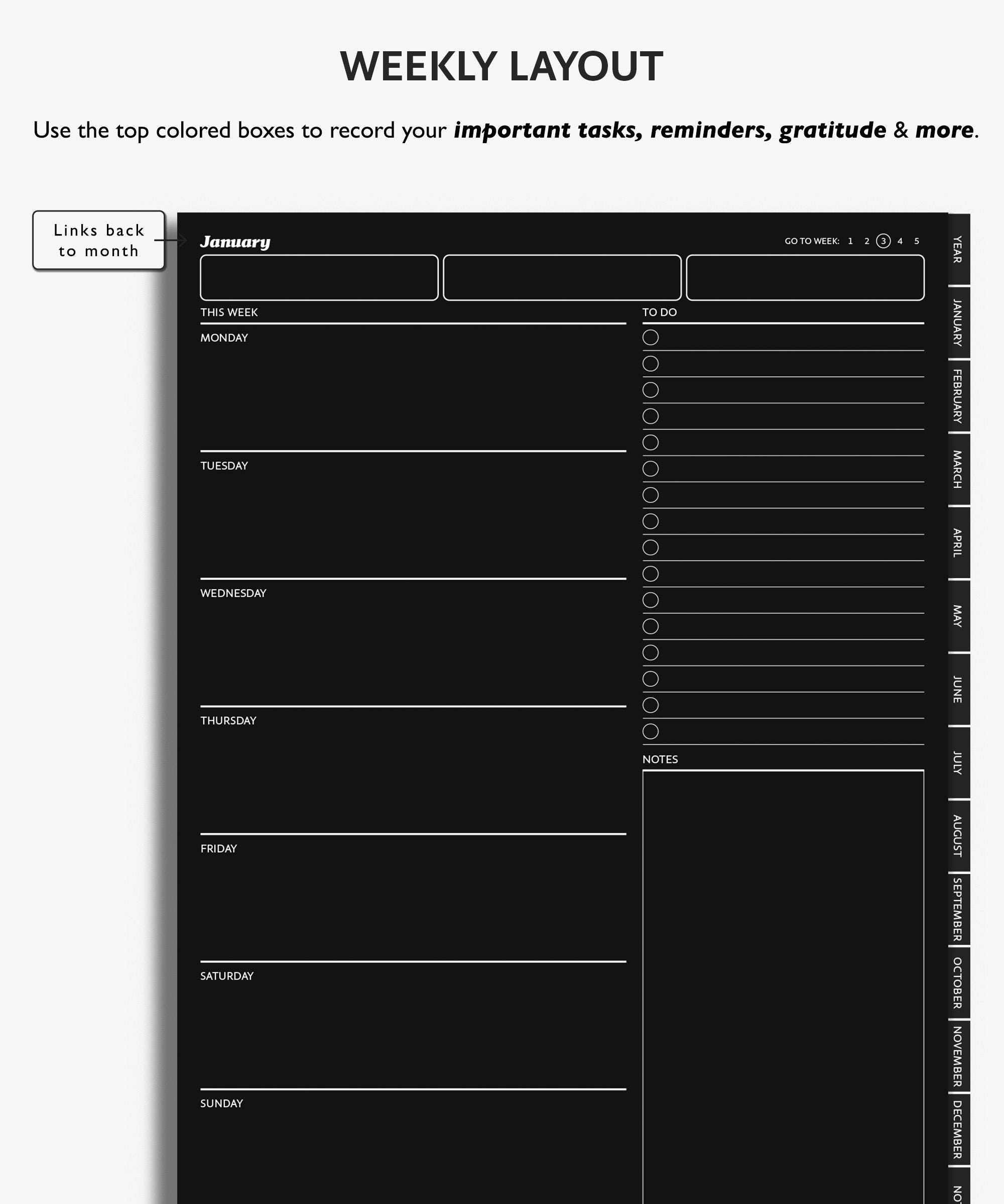 Undated Dark Mode Digital Planner, Simple and Minimal Weekly + Monthly ...