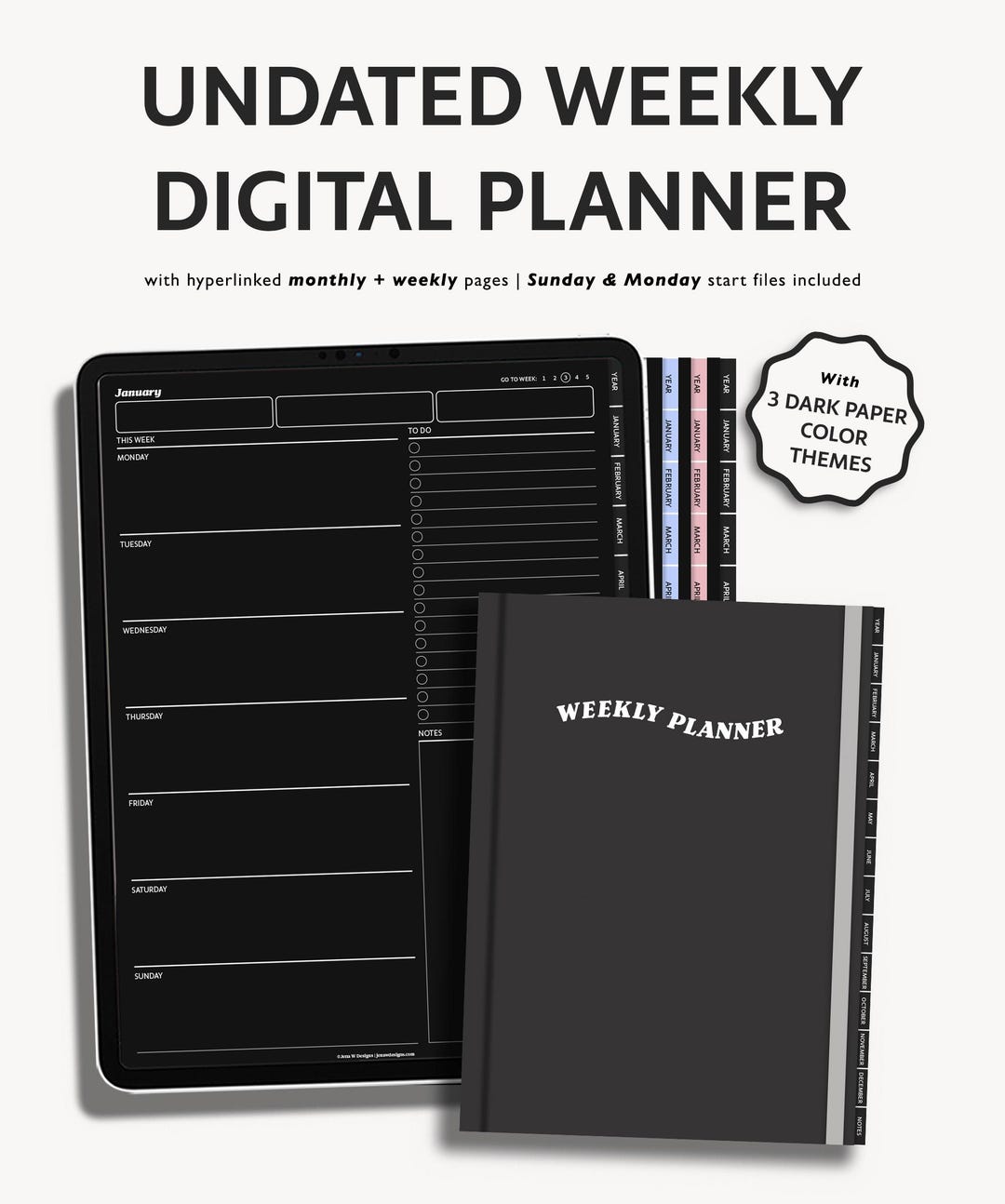 Dark Mode Digital Planner: Minimal Weekly + Monthly Agenda (digital ...