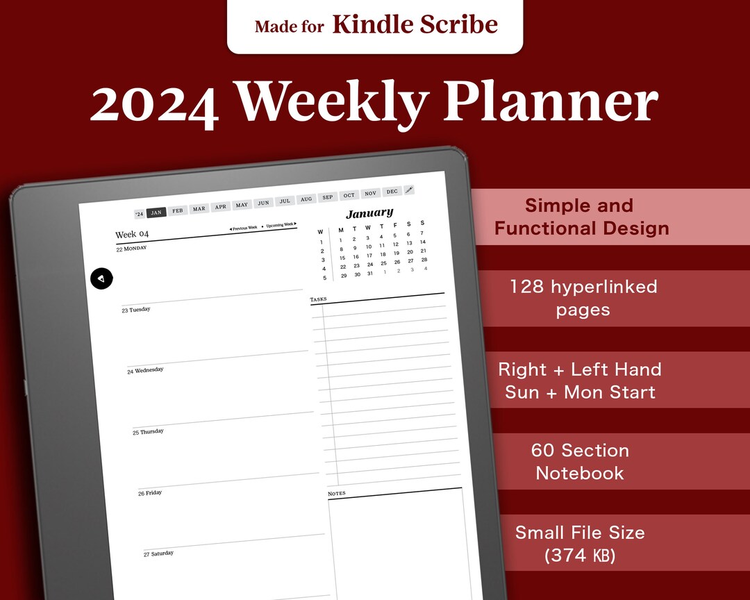 Calendario semanal 2024 para Kindle Scribe, Planificador de tinta ...