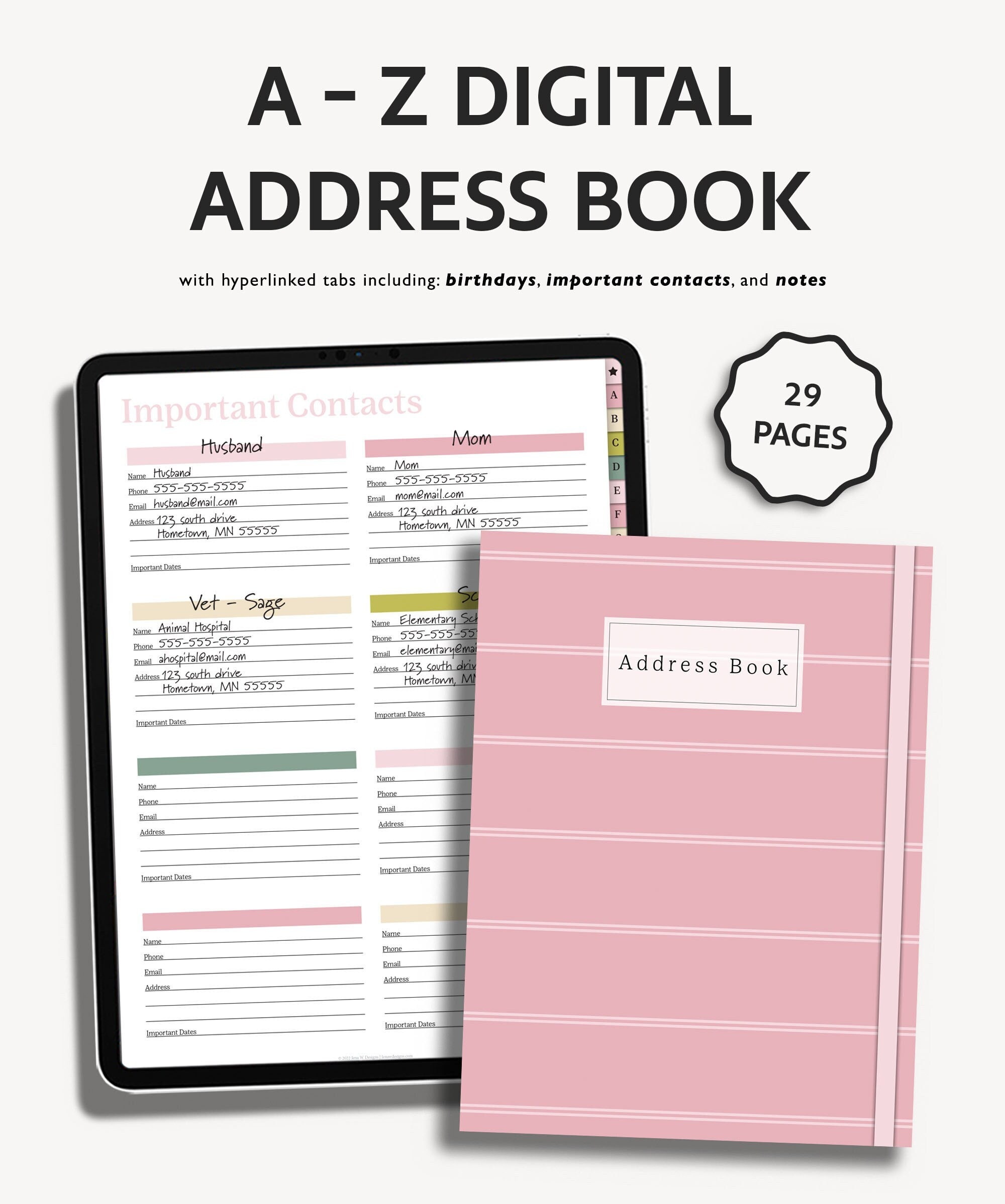 Digital Address Book: A-Z Hyperlinked Contact Book for Goodnotes (PDF ...