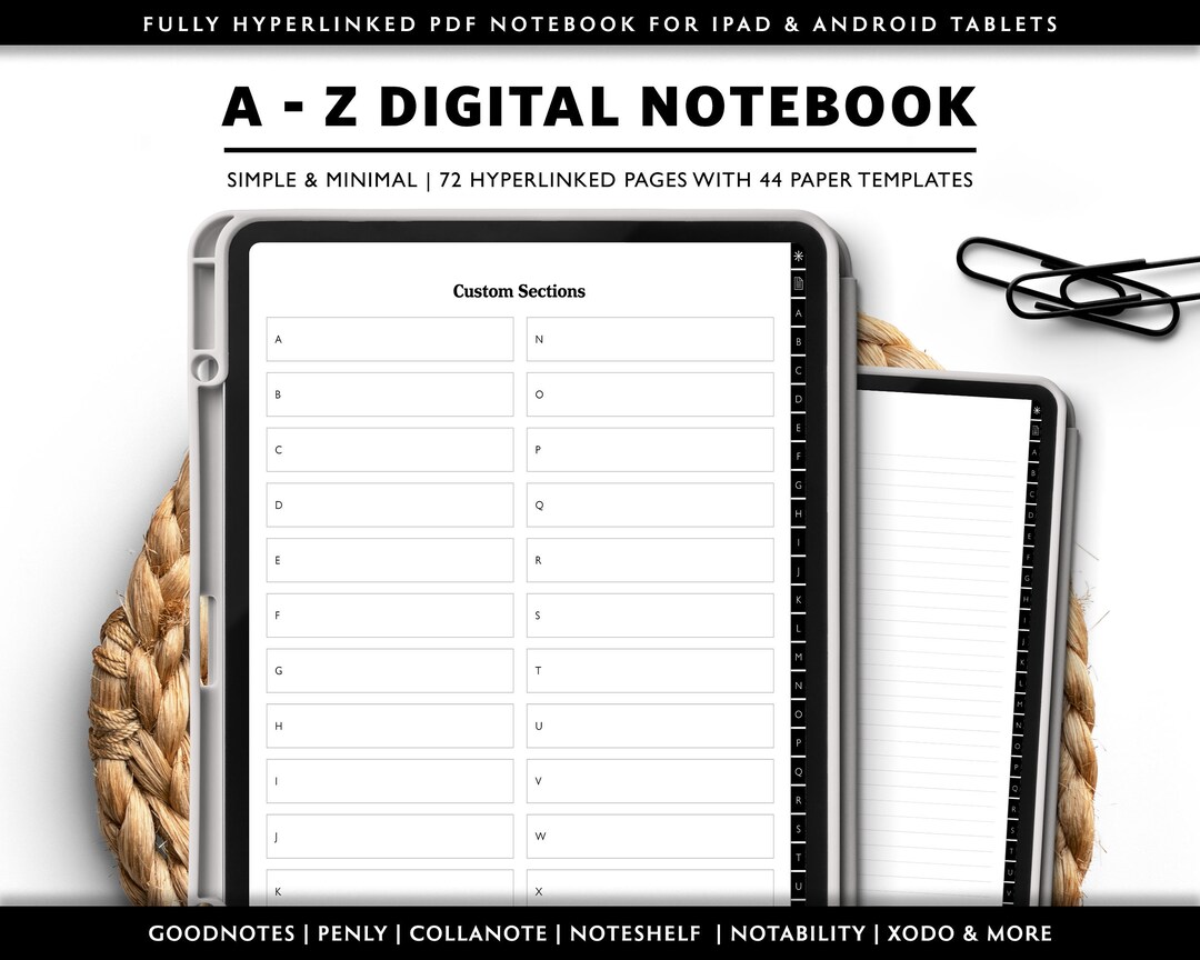 Minimal Digital A to Z Notebook, A to Z Tab iPad Notebook, Alphabet ...