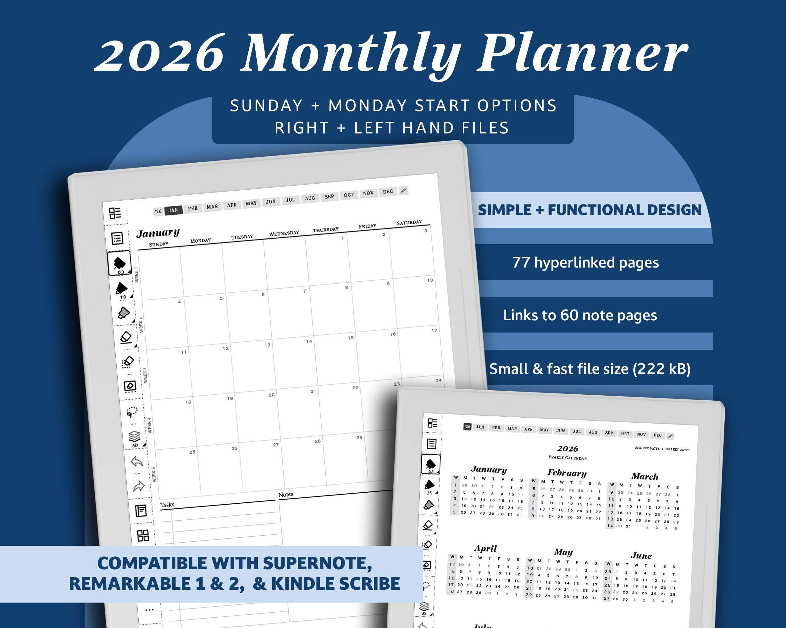 2026 Monthly Digital Planner for Supernote Tablet: Minimalist E Ink ...