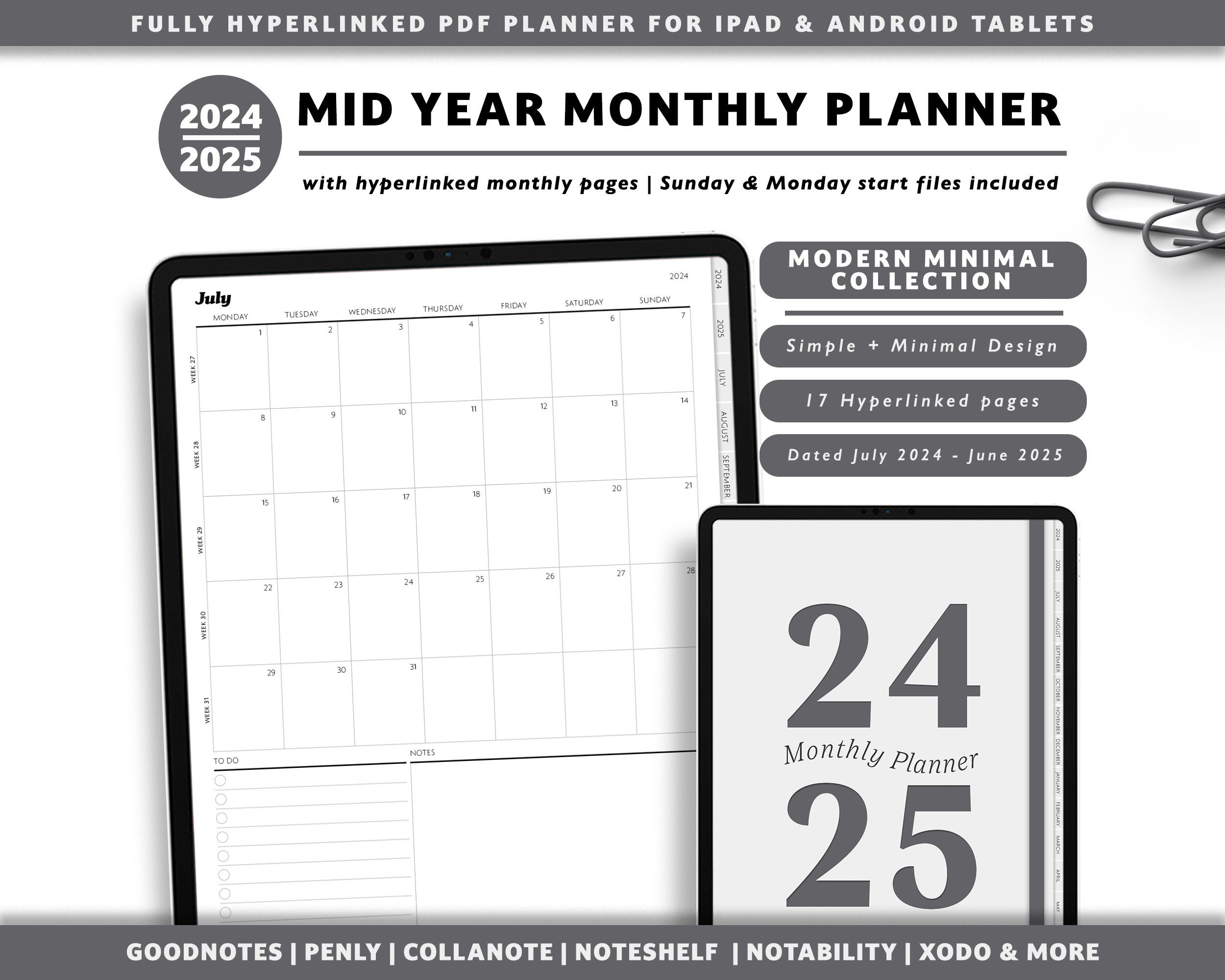 2024 2025 Monthly Digital Planner, Mid Year Digital Agenda, Dated ...